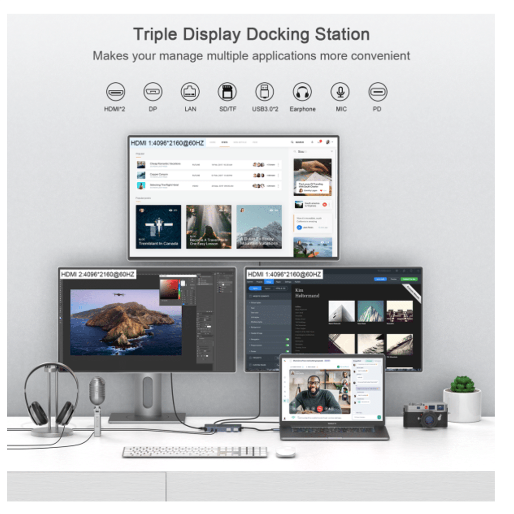 Portable USB-C Displaylink Dock voor aansluiten max. 3 monitoren